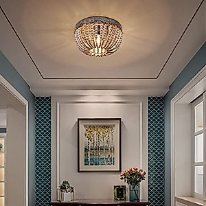 JEUNEU Wood Beaded Chandelier Boho Farmhouse Light Fixture Oak White Rustic 1 Light Semi Flush Mount Ceiling Light Fixtures for Hallway Baby's Nursery Bedroom Kitchen Living Room Island Living Room