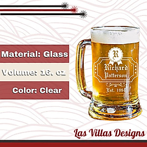Personalized 16.oz Beer Mug | Badge Design | Clear Glass | Custom Made | Perfect for wedding gifts, anniversaries, birthday gifts, home warming gifts or graduation