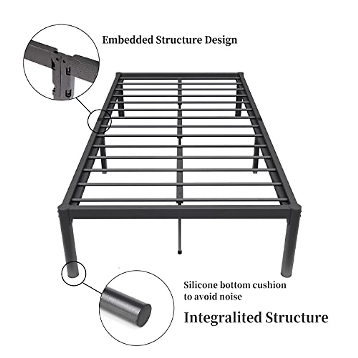 Noillats Metal Platform Twin Bed Frame, 14" Reinforced Platform Bed Frame, No Box Spring Needed, Metal Bed Frame with Storage