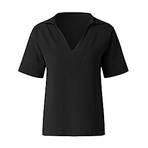 Plus Size Tops for Women Summer Cotton Linen T-Shirt Short Sleeve Lapel Neck Casual Shirts Going Out Blouse for Womens Black