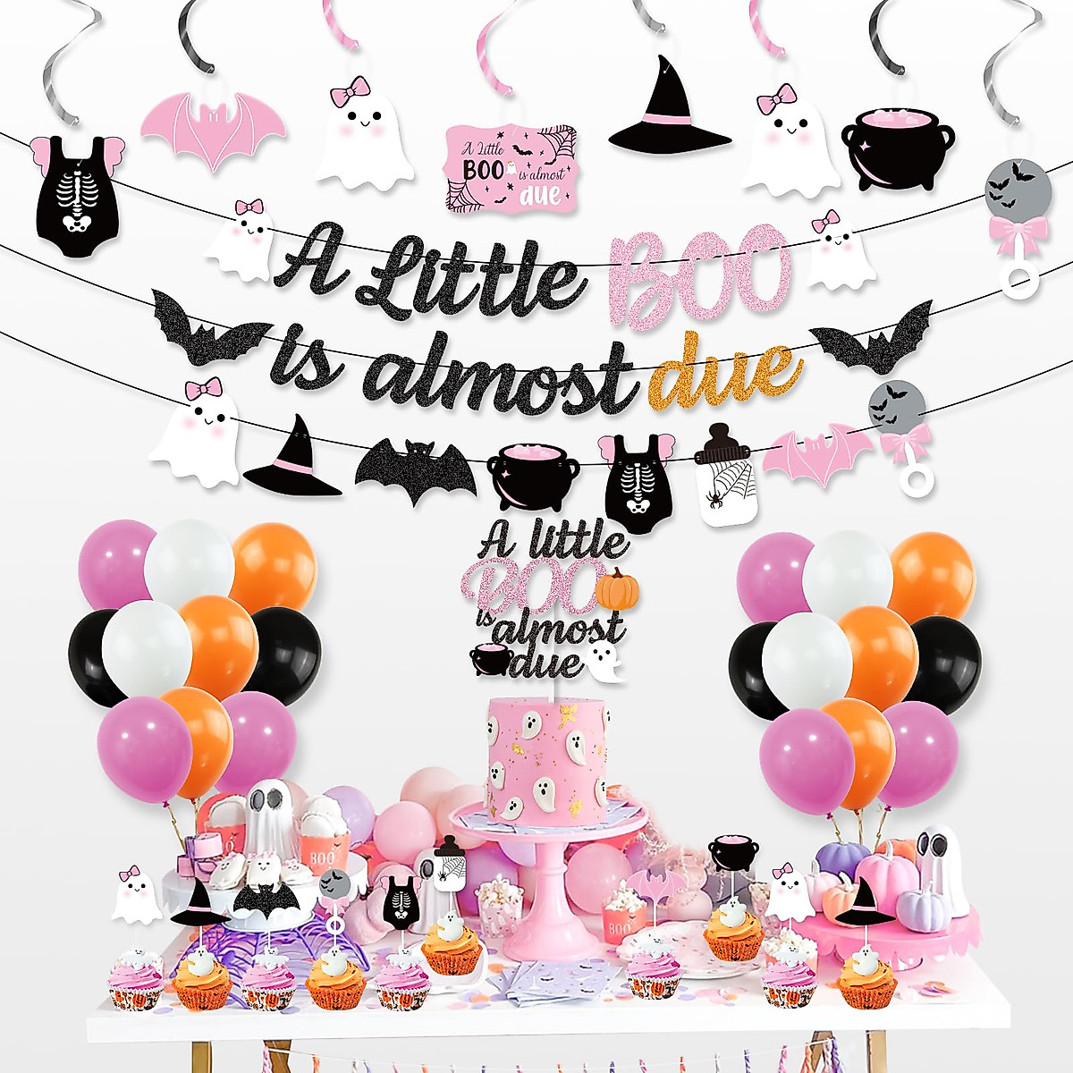 K KUMEED Pink Orange Halloween Baby Shower Decorations, A Little Boo is Almost Due Banner,Cute Ghost Baby's Bottle Cake Topper and Latex Balloons for Girls Little Boo Baby Shower Party Supplies