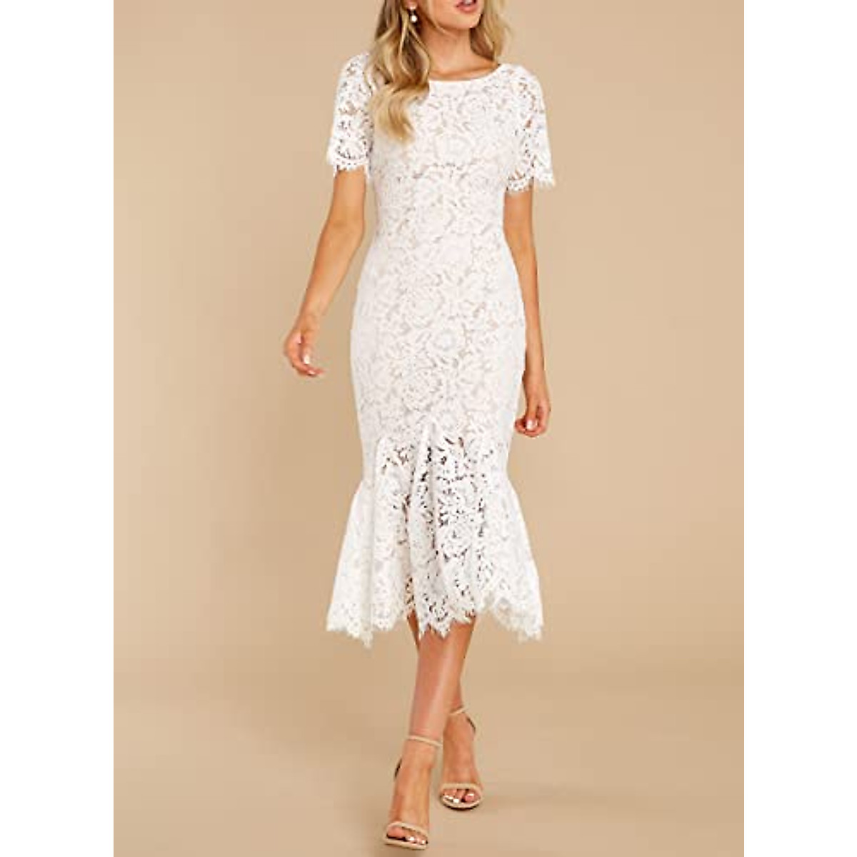 MERMAID'S CLOSET Womens White Floral Lace Midi Bodycon Cocktail Dress Elegant Wedding Guest Party Long Mermaid Dress