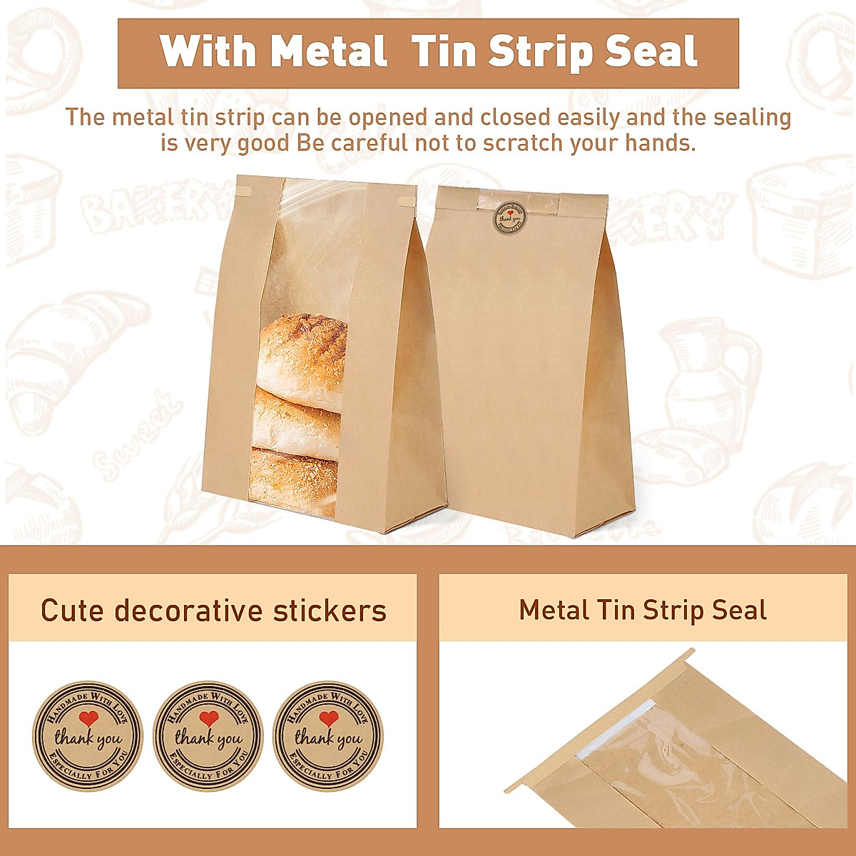 30-Pack Paper Bread Bags for Homemade Bread Sourdough Bread Bags with Tin Tie Tab Lock, Large Kraft Paper Bread Loaf Bag with Clear Window and Label Seal Stickers for Baked Food Packaging Storage