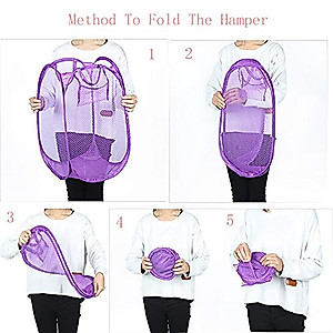 Qtopun Mesh Popup Laundry Hamper, 4 Pack Foldable Portable Dirty Clothes Basket for Bedroom, Kids Room, College Dormitory and Travel (Yellow,Pink, Purple,Dark Blue)