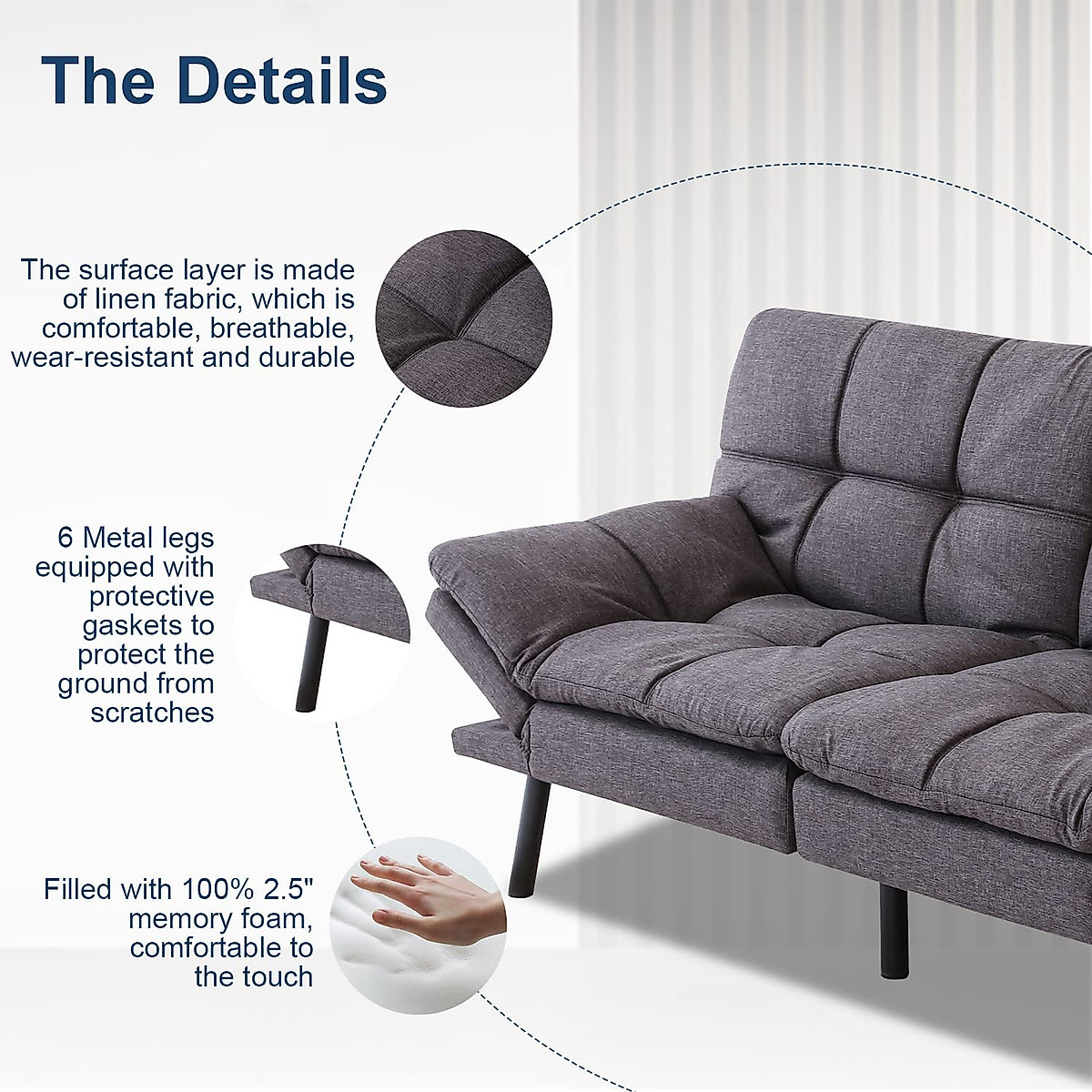 Opoiar Chaise Lounge,Convertible Futon Sofa,Sleeper Sofa Bed Chair,Foldable Lounge Couch,Modern Living Room Furniture,Chair Bed with Ottoman,Accent Chair,Recliner Chair,Upholstered Reading Chair,Grey