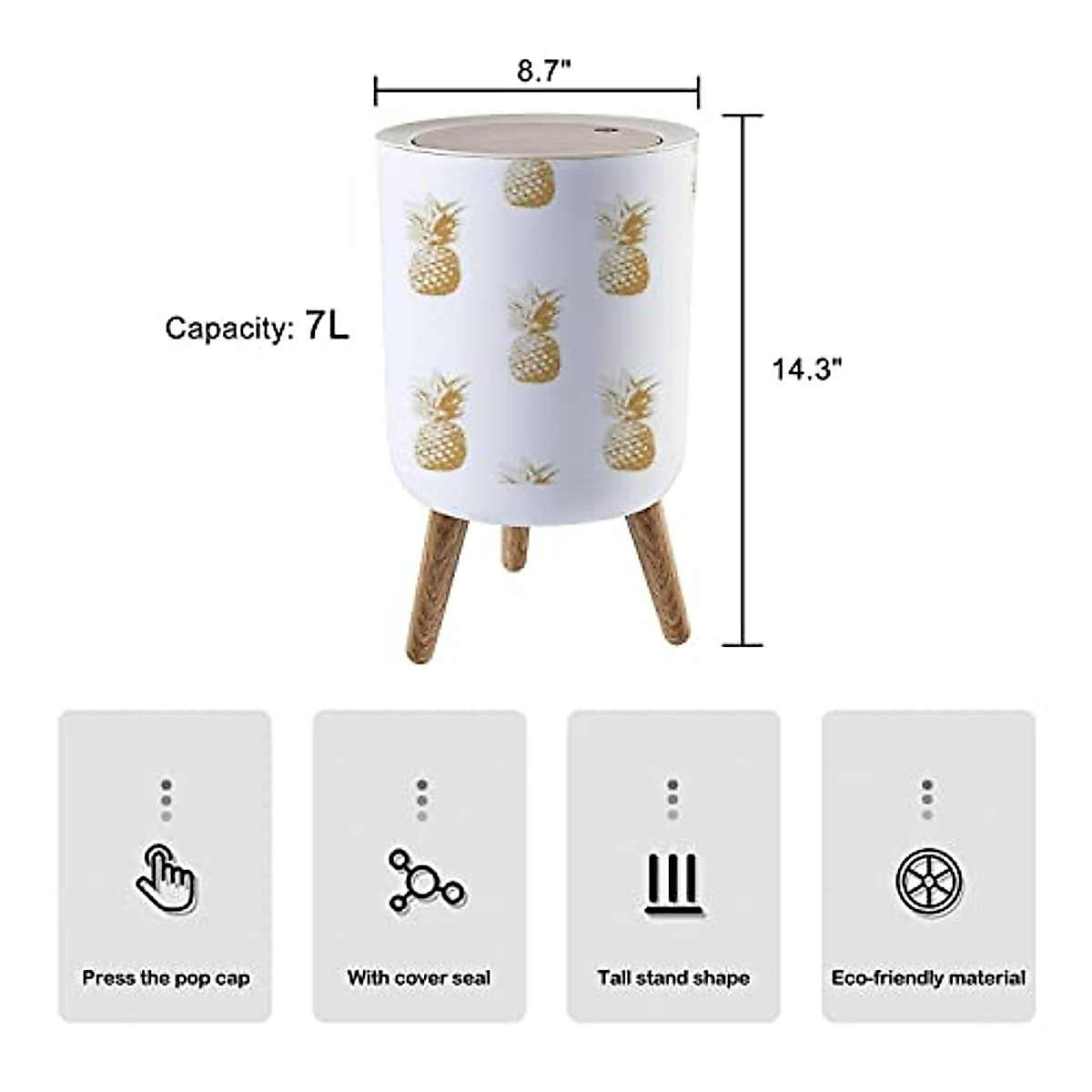 Small Trash Can with Lid Gold Pineapple Seamless Stock 7 Liter Round Garbage Can Elasticity Press Cover Lid Wastebasket for Kitchen Bathroom Office 1.8 Gallon