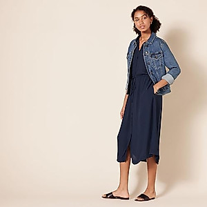 Amazon Essentials Women's Relaxed Fit Half-Sleeve Waisted Midi A-Line Dress, Navy, Large