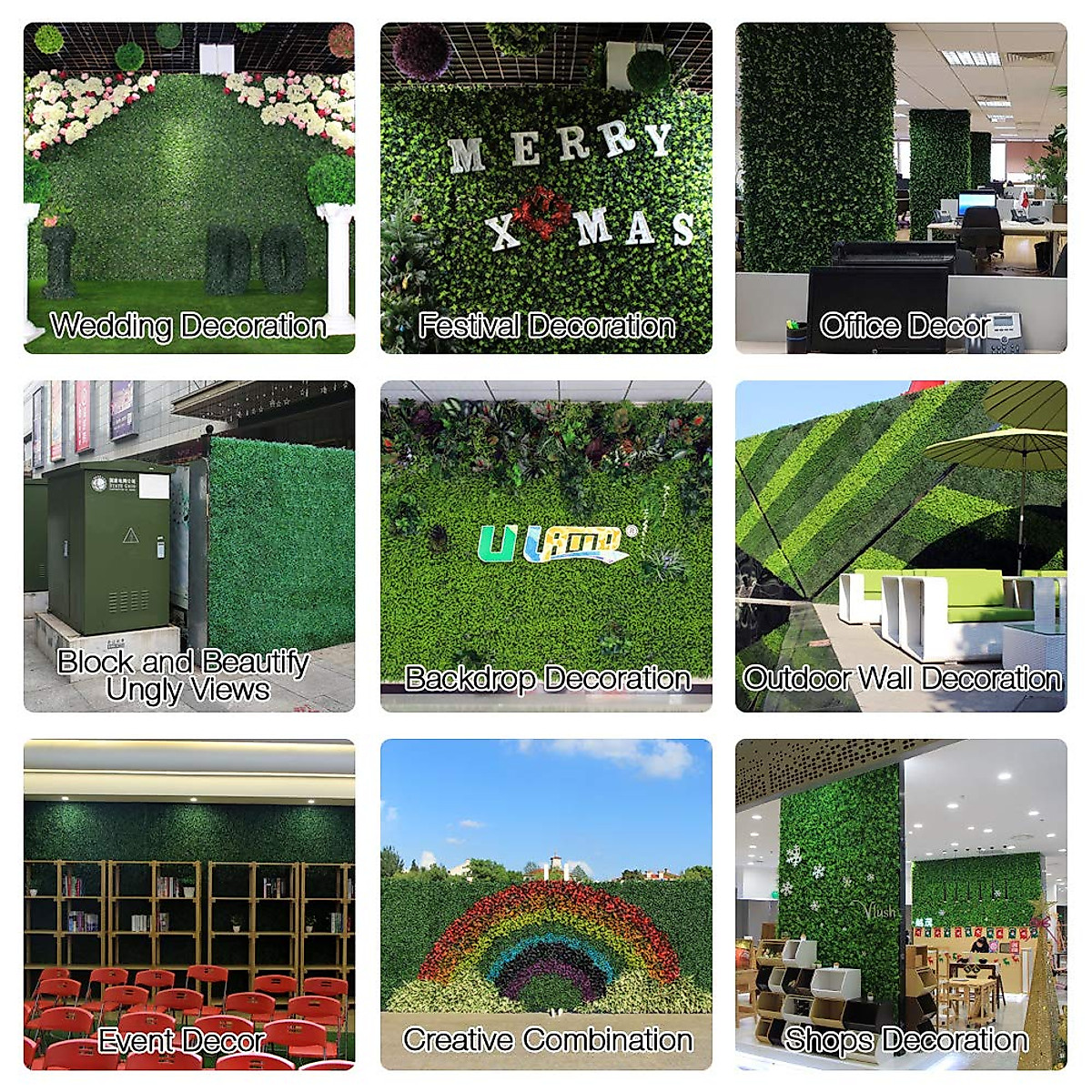 ULAND Artificial Grass Wall Panels, 12pcs 20"x20" Boxwood Hedges Mats, Greenery Backdrop Garden Privacy Screen Fence