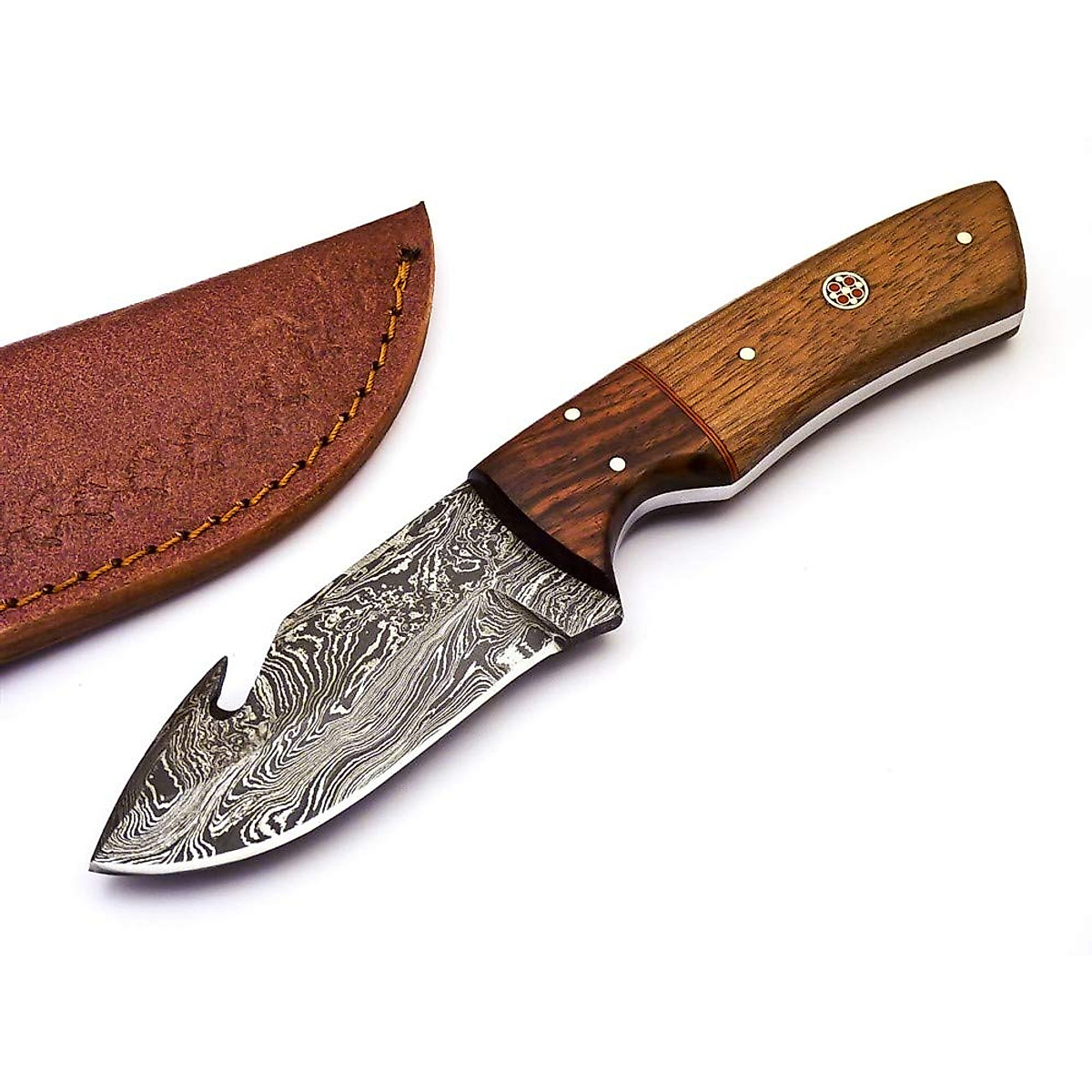 Rare Custom Damascus Fuller Gut Hook Knife Skinning Knife Hunting Knife |Outdoor Knife Camping Knife | Color Wood Handle with Free Genuine Leather Sheath (S-76)
