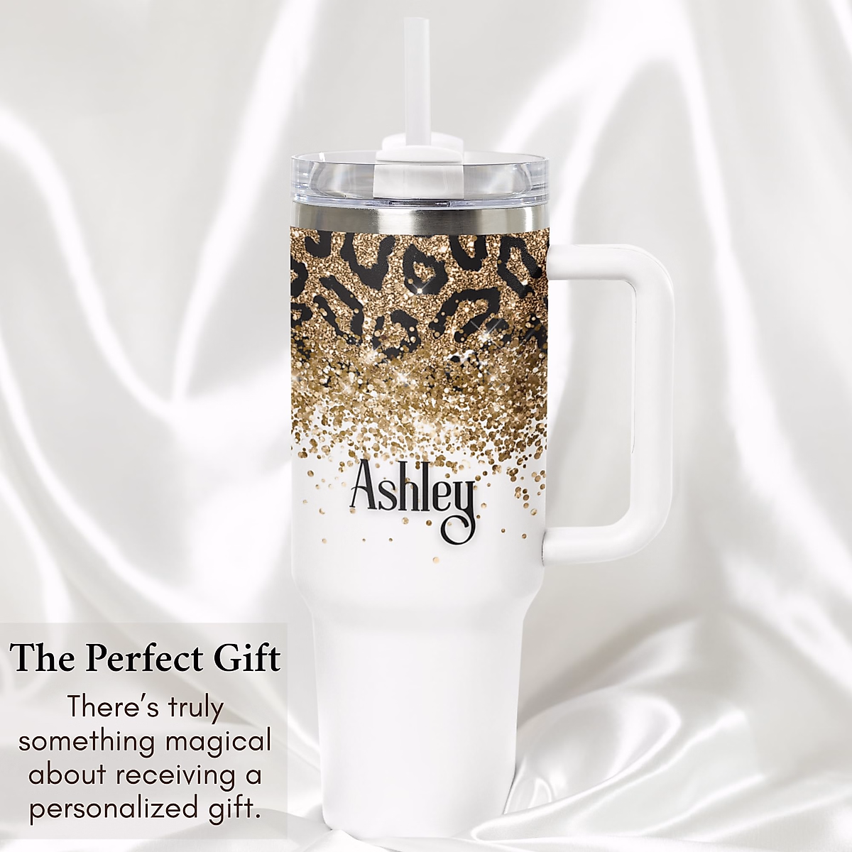 Personalized 40 oz Tumbler With Handle And Straw Lid Cheetah Print Glitter - Leopard Print Stainless Steel Insulated Travel Mug – Tumbler Gift For Women Mom Friend Teacher Nurse Her Birthday Christmas