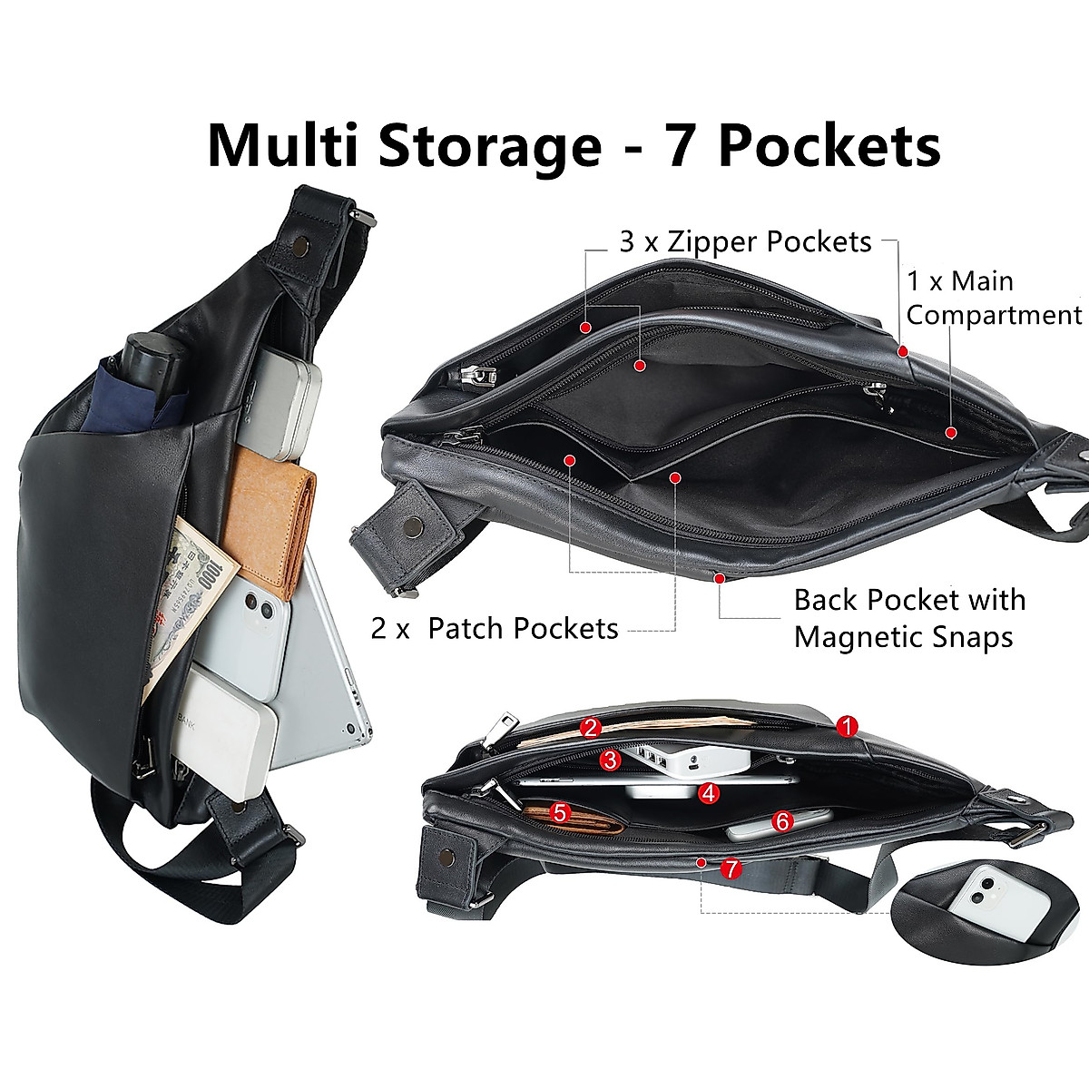 Leather Sling Backpack Bag for Men Fits 9.7 Inch Tablet Vintage Small Shoulder Crossbody Bags Hiking Daypack