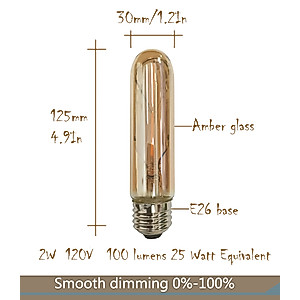 CTKcom T10 E26 Amber LED Light Bulb,Smooth Dimmable T10 Tubular Edison Light Bulbs,2 Watt 120V 2200K Warm White 140 lumens Vintage Edison Light Bulbs 25 Watt Equivalent,4 Pack