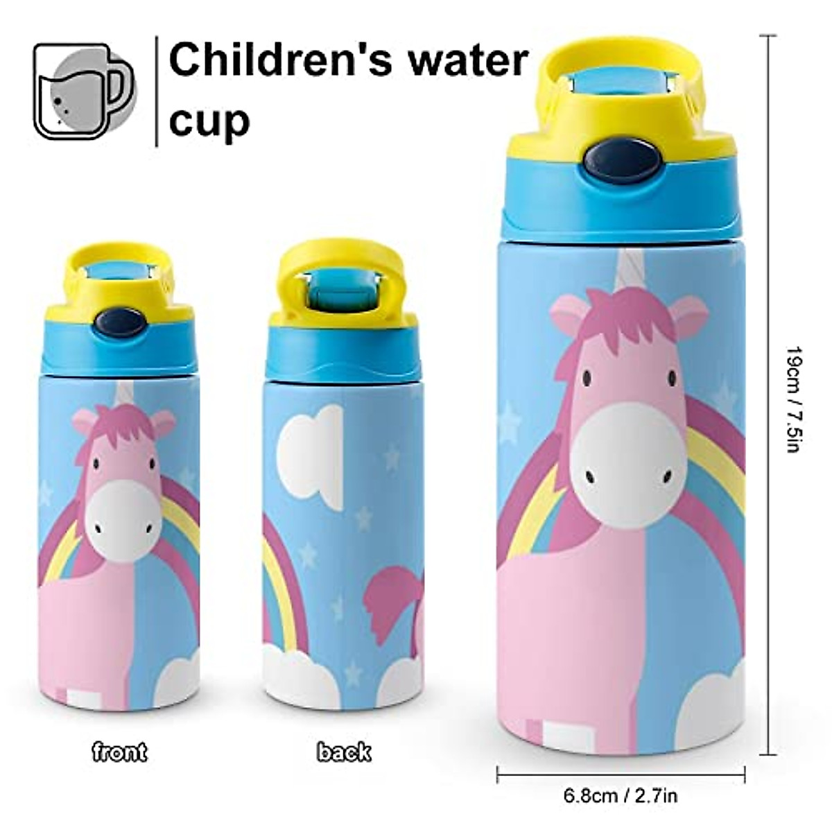 Thermos Cup 500Ml Rainbow Unicorn Insulated Water Bottle With Straw For Sports And Travel 7.5x2.7 in