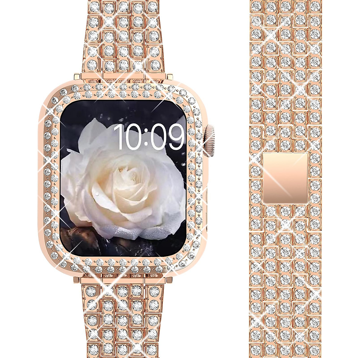 QVLANG Compatible for Apple Watch Band 40mm Series 6/5/4/SE, Diamond Rhinestone Case + Women Bling Band Stainless Steel Metal Bracelet for iWatch (Rose Gold, 40mm)