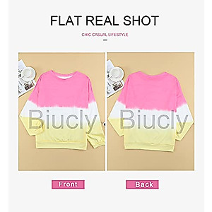 Biucly Women Color Block Lightweight Sweatshirt Long Sleeve Tie Dye Pullover Hoodie,US 12-14(L),Pink,White,Yellow