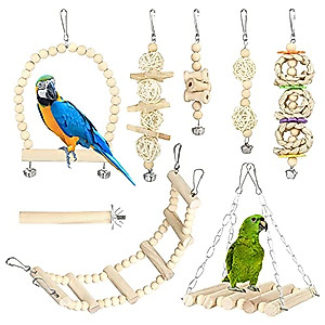 GWHOLE 8 PCS Bird Toys for Parakeets, Parrot Swing Chewing Hanging Standing Wooden Toys Bird Cage Accessories for Parrots Cockatiels Conures Budgies