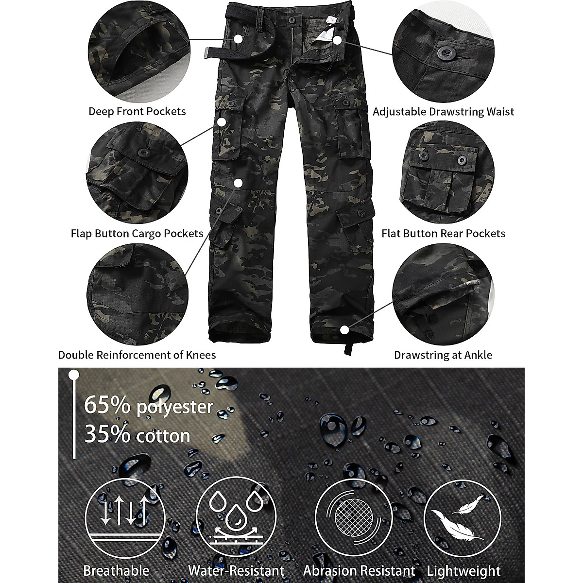 GSGGIG Men's Outdoor Hiking Pants, Tactical Pants Lightweight Casual Work Ripstop Cargo Pants for Men with Pockets No Belt 3355 Black CP CAMO 44