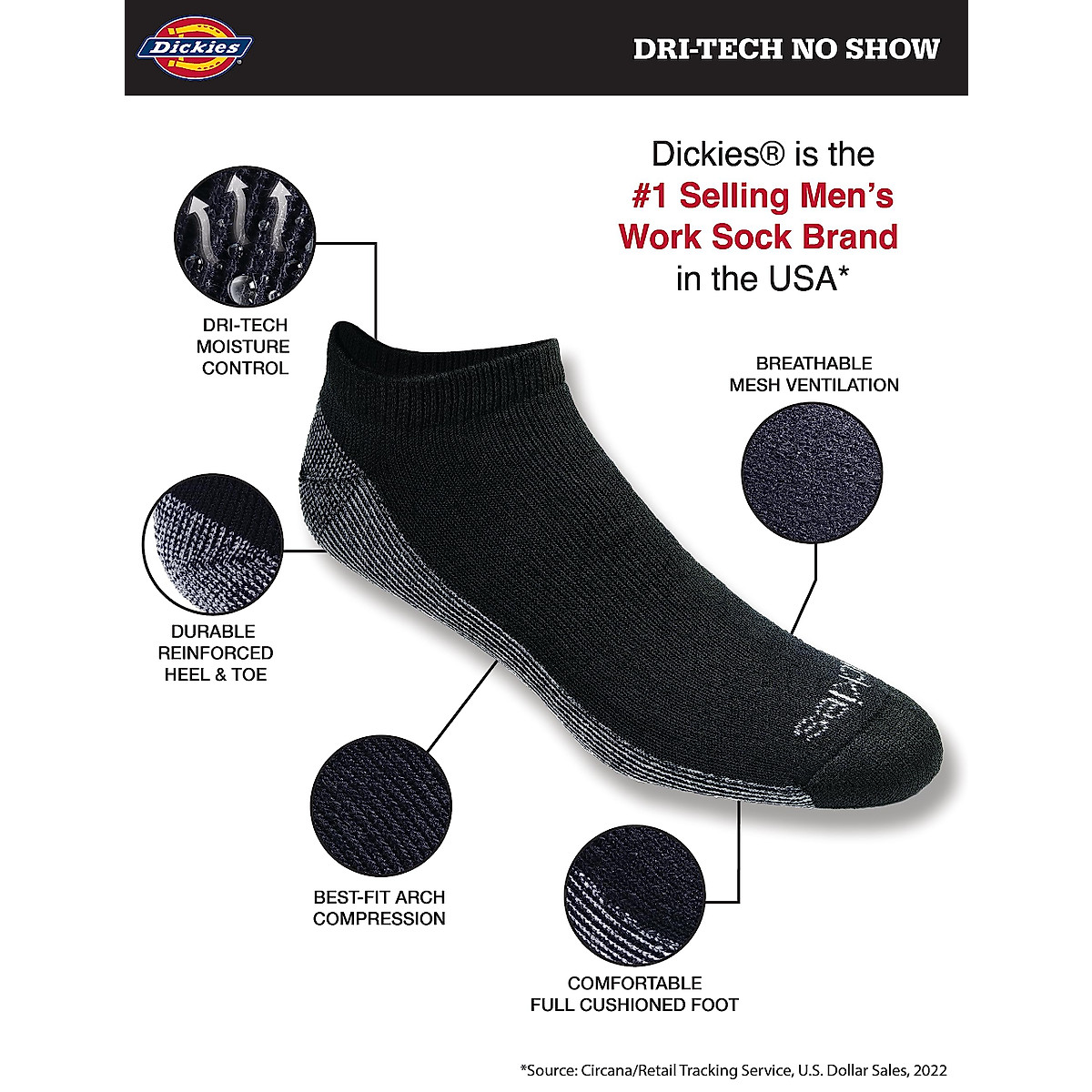 Dickies Men's Dri-Tech Moisture Control No Show Socks, Available in M-XXL (6, 12, Black (6 Pairs), Large