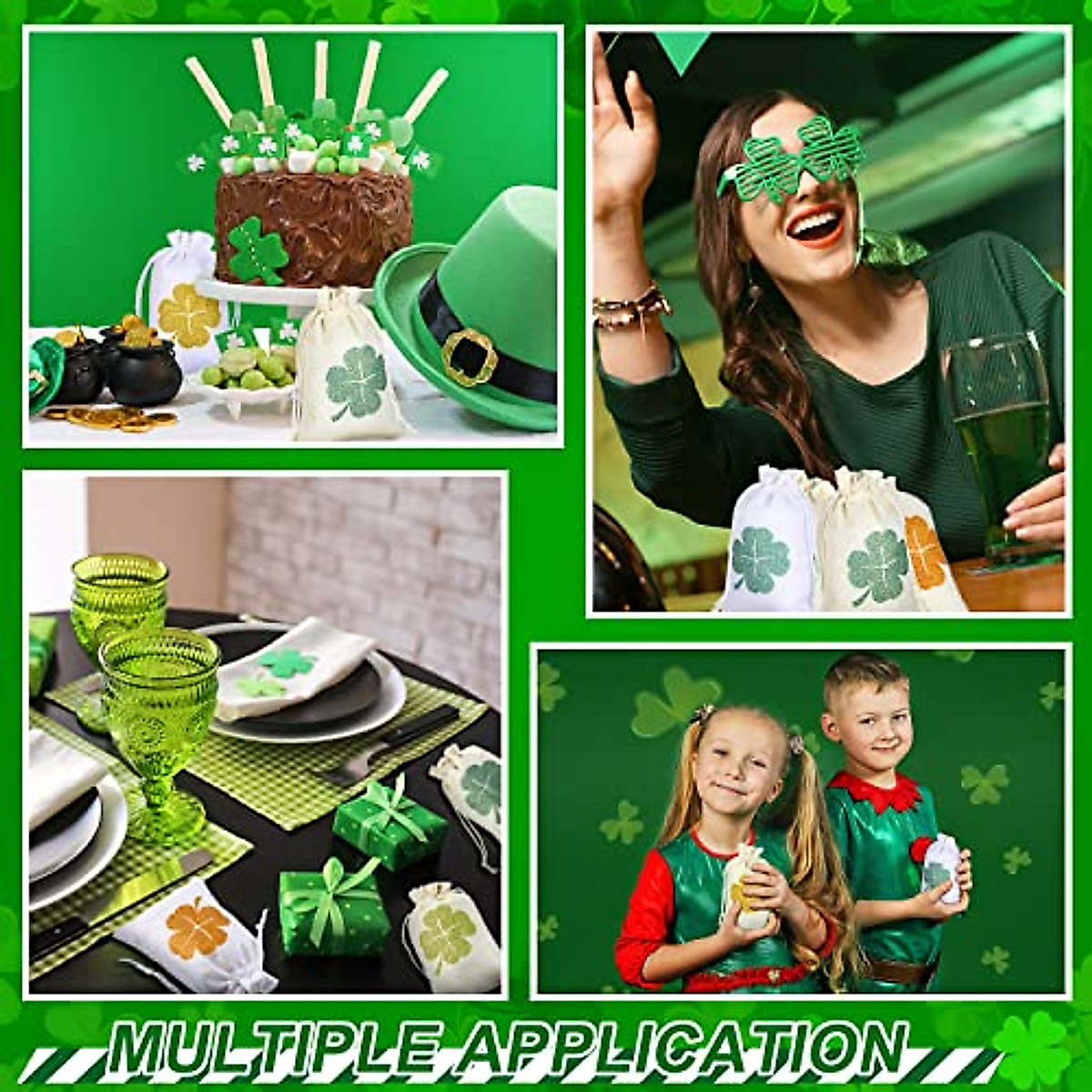 Woanger 30 Pcs St. Patricks Day Burlap Gift Bags with Drawstring St. Patricks Day Lucky Shamrock Linen Goody Gift Bags Glitter Jute Coin Treat Candy Bags for St. Patrick's Day Party Supplies