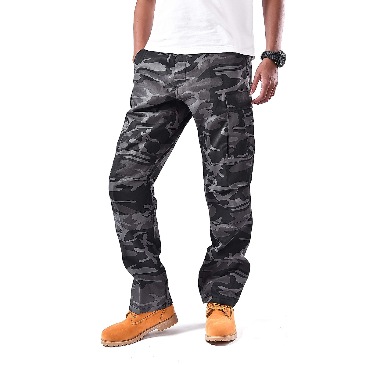 BACKBONE Mens Fashion Bright Camouflage Cargo Pants Military Combat Style BDU Pants (XL, Black Camo)