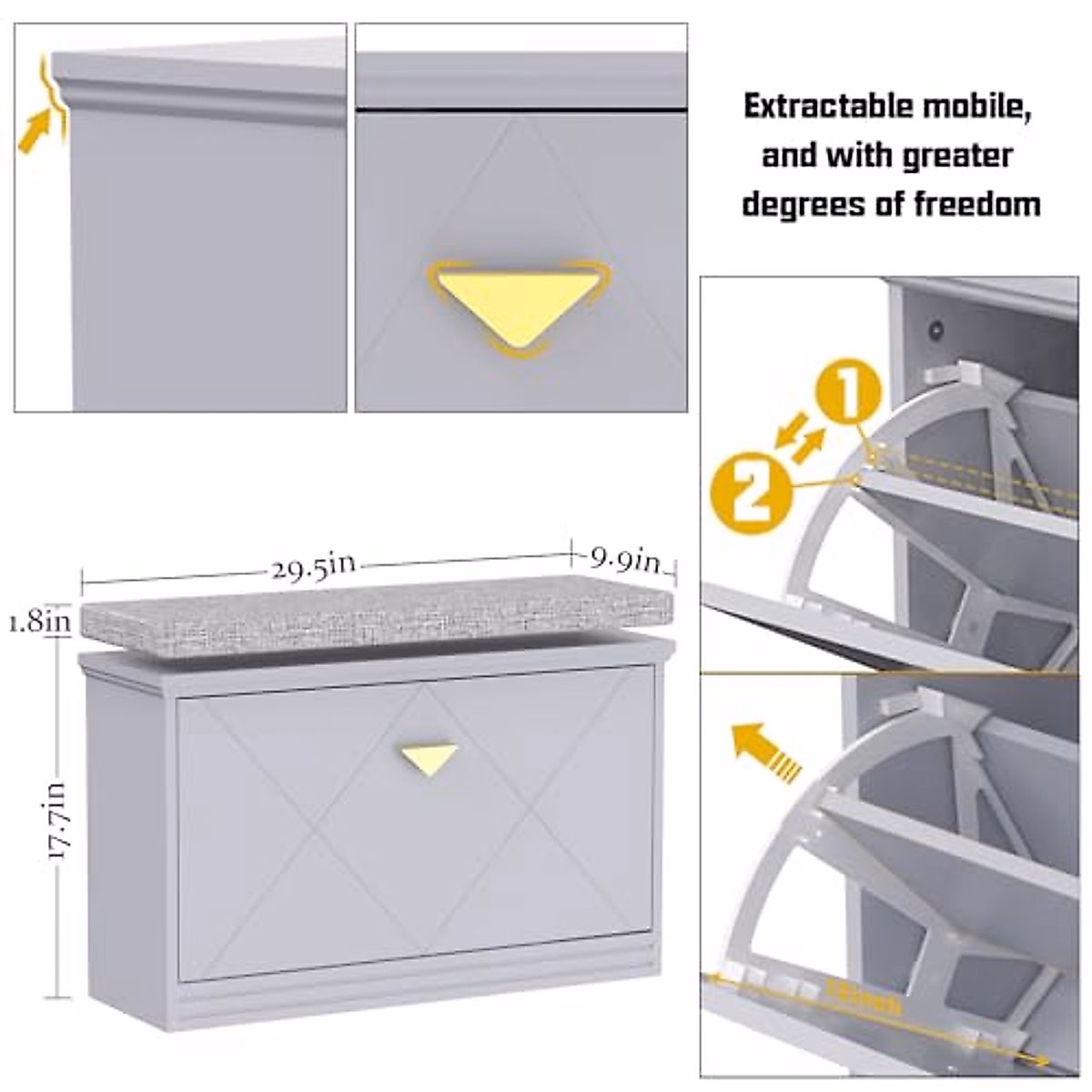 joibabe Shoe Cabinet with Flip Drawers, Shoe Bench with Removable Cushion, Free Standing Tipping Bucket Shoe Rack Organizer with Adjustable Shelf, Shoe Storage Cabinet