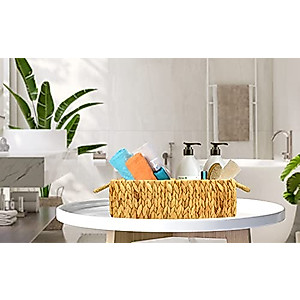 ECO 5 Water Hyacinth Large Rectangle Storage Basket, Coffee Station Organizer, 4 Dividers Basket Hand Woven with Handle, Organizing Wicker Basket for Pantry, Office, Home Décor, ‎16"D x 11"W x 5.5"H