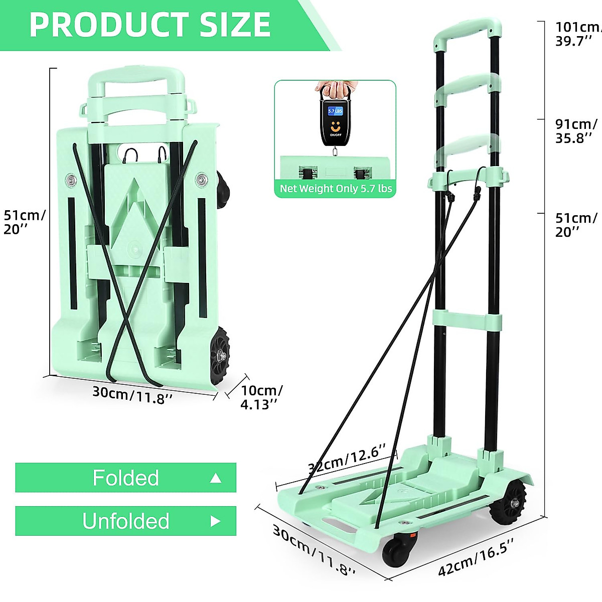 Folding Hand Truck Trolley 80Kg/176Lbs Heavy Duty Luggage Utility Cart with Rotate 4 Wheels Warning Sign Telescoping Handle Portable Fold Up Dolly Bungee Cord for Moving Shopping Travel(Green Pro)