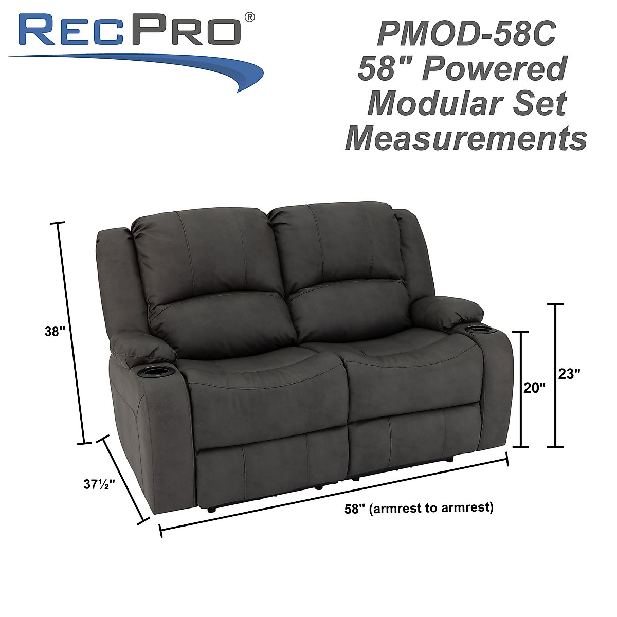 RecPro Charles 58" Powered Double RV Wall Hugger Recliner Sofa RV Loveseat with Upgraded 2023 Fabric (Gunmetal)