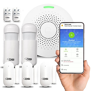 【OSI WIRELESS WIFI SMART HOME SECURITY MINI ALARM SYSTEM - 8 PIECE】DIY Home Wi-Fi Alarm Kit with Motion detector,Notifications with app,door/window sensor, siren,Compatible with Alexa,NO Monthly Fees