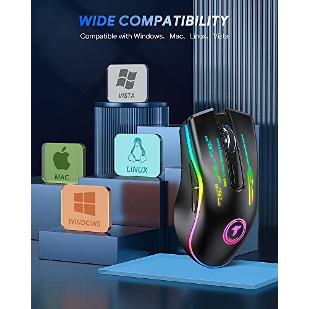 TECURS Gaming Mouse Wireless Gaming Mouse,USB Optical Computer Mouse Mice with 5 LED Lights,Rechargeable Gamer Mouse,4800 DPI for Laptop PC Gamer Desktop Chromebook Mac,Black