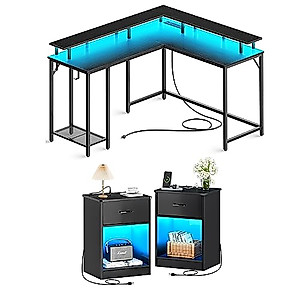SUPERJARE L Shaped Gaming Desk with Power Outlets & LED Lights and Nightstands Set of 2 with Charging Station & LED Light Strips, Black