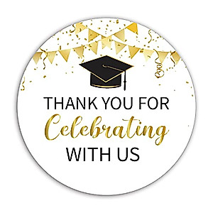 2" Gold Graduation Thank You Stickers, 50 Congrats Grad Party Round Favor Sticker Labels.