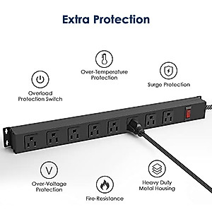 Metal 8 Outlet Mountable Power Strip with Switch,Wide Spaced Heavy Duty Wall Mount Power Strip Surge Protector 1200J,6FT 14AWG Braided Cord 15A 125V 1875W for Home Office Industrial Garage Commercial