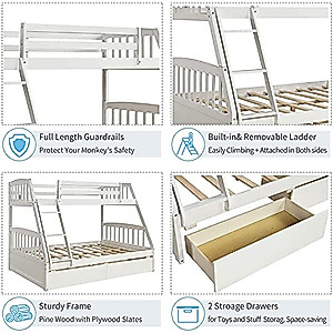 ATH-S Twin Over Twin Bunk Bed for Boys Girls Teens Adults, Solid Wood Bunk Bed Frame with Trundle and Drawers, No Box Spring Needed, White (Color : White with Drawers, Size : Twin Over Full)