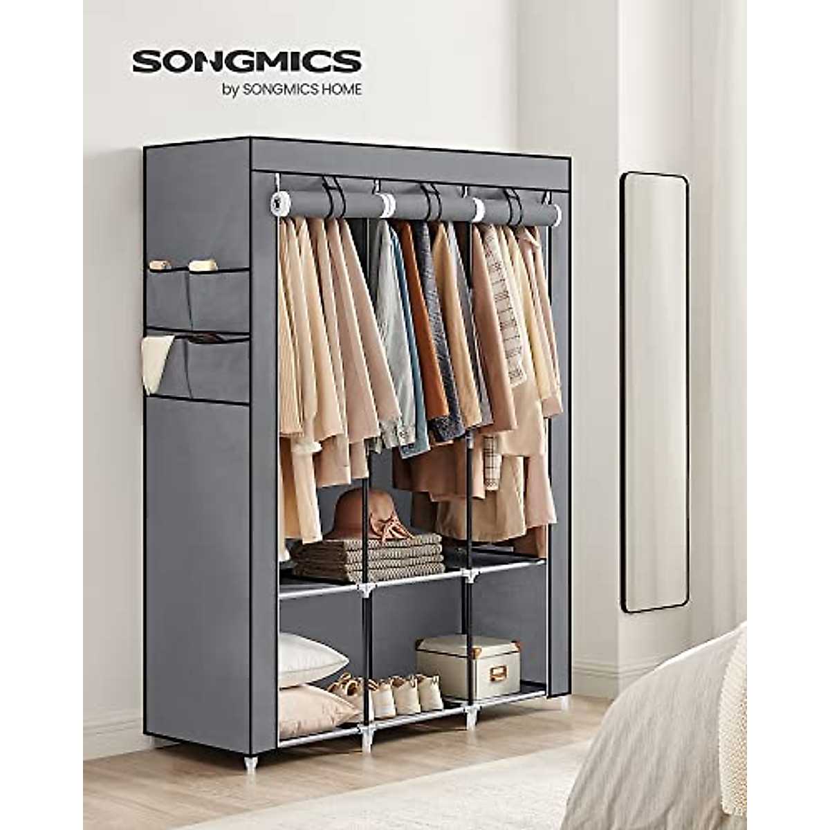 SONGMICS Portable Closet, Wardrobe Closet Organizer with Cover, 3 Hanging Rods and Shelves, 4 Side Pockets, 51.2 x 17.7 x 65.7 Inches, Large Capacity for Bedroom, Living Room, Gray URYG092G02