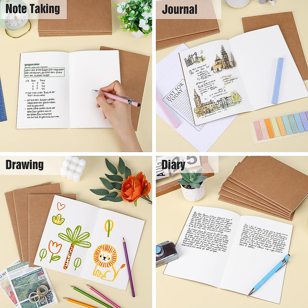 EOOUT 24 Pack Kraft Notebooks, Journals in Bulk, Blank Paper Sketchbooks, 60 Pages, 30 Sheets, 80GSM, 8.3x5.5 Inch, A5 Size, Travel Journal Set, for Gifts, Students and Office Supplies