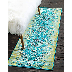 Unique Loom Imperial Collection Distressed, Bright Colors, Floral, Vintage, Modern, Traditional Area Rug, 2 x 6 ft, Blue/Green