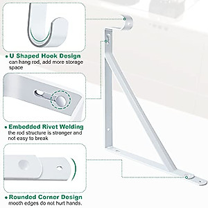 Closet Rod Bracket, 3 Pack Heavy Duty Closet Rod Support 11×10.2×1 Inch, White Closet Shelf & Rod Brackets Holder, Wall Mounted Shelf Rod Hangers Hooks with Screw