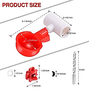 [12 Pack] Chicken Water Cups with PVC Tee, Automatic Waterer Kit for Poultry, DIY Water Feeder for Chicken Duck Quail Turkey, Chicken Water Nipples,Red