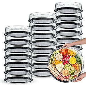 Romooa 24 Pieces Heavy Duty 16'' Serving Tray and Lid Large Fruit Trays Black Round Food Stackable Party Platters Plastic Catering for Appetizers Takeout Picnic