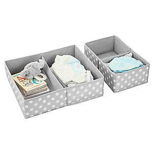 mDesign Fabric Drawer Storage Divider Organizer Bins for Nursery, Kids Bedroom Dresser, Closet, Shelf, Playroom Organization, Hold Clothes, Toys, Diapers, 2 Pack, Gray/White Polka Dot