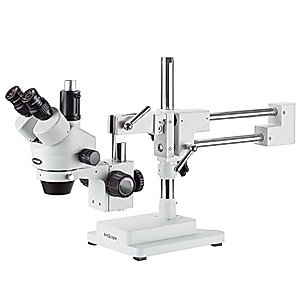 AmScope SM-4T Professional Trinocular Stereo Zoom Microscope, WH10x Eyepieces, 7X-45X Magnification, 0.7X-4.5X Zoom Objective, Ambient Lighting, Double-Arm Boom Stand