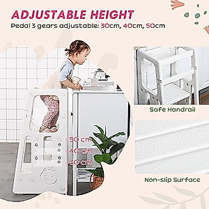Qaba Toddler Tower with Adjustable Height, Toddler Kitchen Stool Helper with Anti-Slip Mat, Step Stool for Kitchen, Bathroom, White