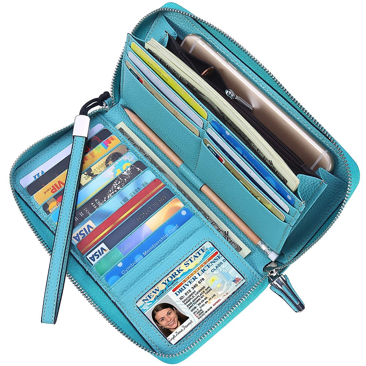 Lavemi Women's RFID Blocking 100% Leather Large Capacity Zip Around Wallet Phone Holder Clutch Travel Purse Wristlet(Large Size Pebbled Tiffany Blue)