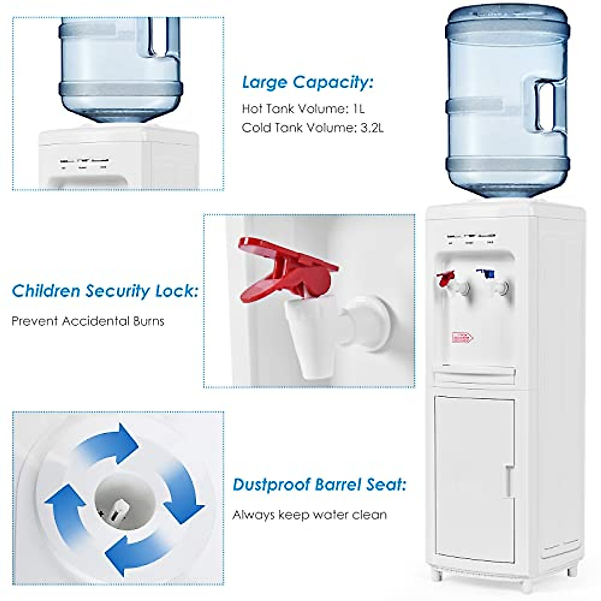 GOFLAME Water Cooler Dispenser Top Loading, Water Dispenser with Hot & Cold Water, Storage Cabinet, Child Safety Lock, Holds 3-5 Gallon Bottles for Home Office Dorm