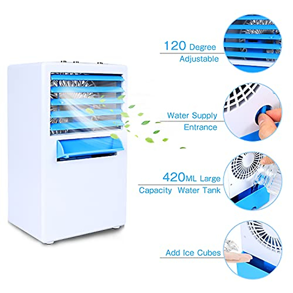 Portable Air Conditioner Fan, Mini Air Cooler Desk Fan with Icebox, 4-in-1 Evaporative Air Cooler with 3 Fan Speeds, Quiet Mini Air Conditioner for Home & Office, Portable Air Humidifier