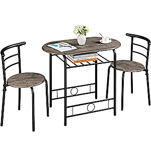 Yaheetech 3 Piece Round Dining Table Set Kitchen Breakfast Table Set for 2 Dining Table with 2 Chairs Space Saving Table Set w/Metal Frame, Wine Rack for Small Space/Apartment, Drift Brown