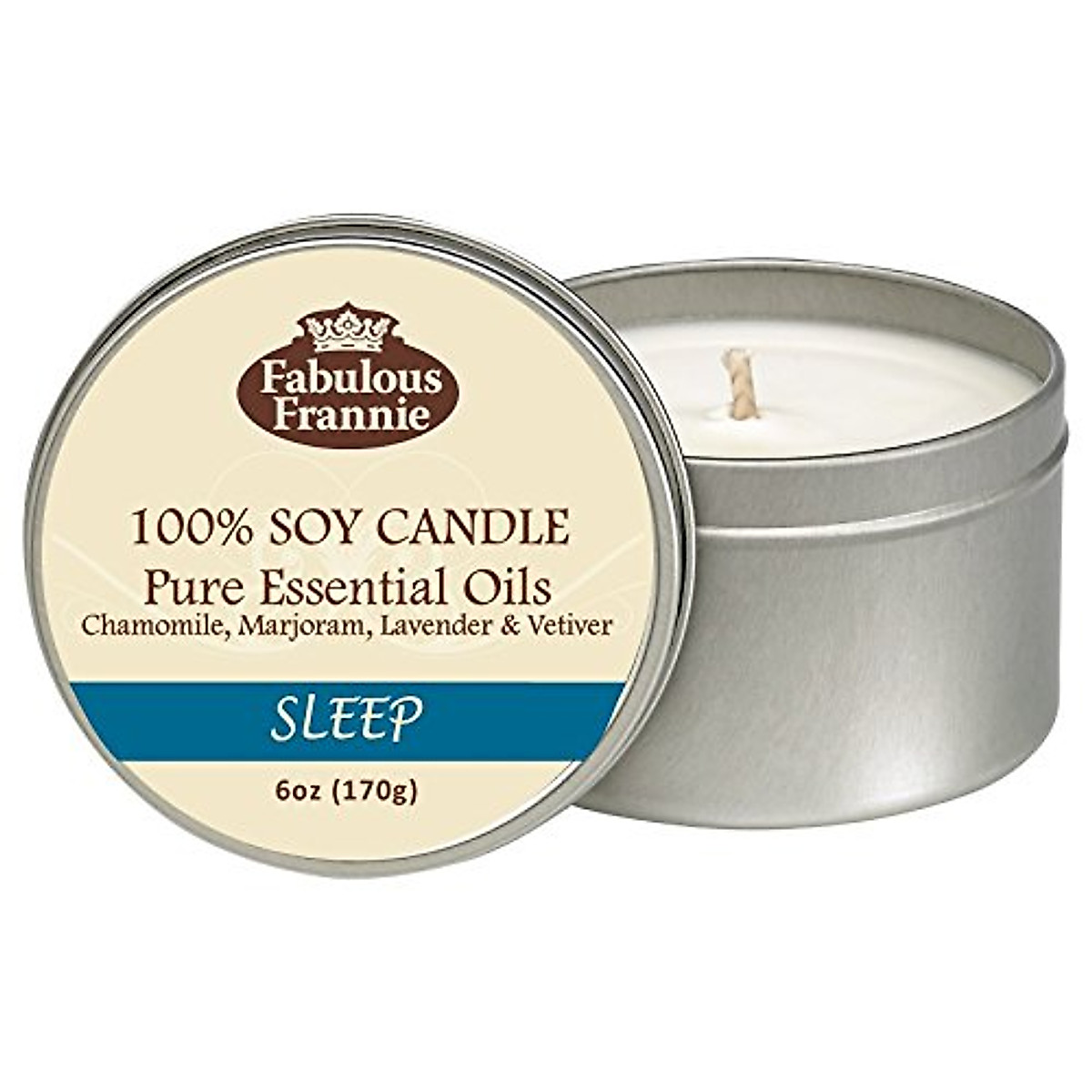 Fabulous Frannie Sleep All Natural Soy 6oz Travel Tin Candle made with Pure Essential Oils Chamomile, Marjoram, Bulgarian Lavender and Vetiver