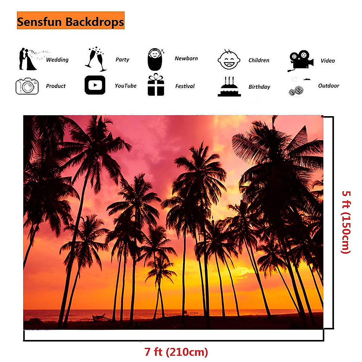 Sensfun 7x5ft Summer Seaside Sunset Photography Backdrop Vinyl Palm Trees Silhouettes on Tropical Beach Photo Background for Baby Shower Happy Birthday Party Children Photo Studio Props(WP125)