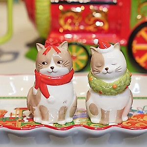 Christmas-Decorative Salt & Pepper Shakers Sets- Ceramic Cat Salt and Pepper Shakers Sets Novelty Christmas Fat Cat Design Easy to Refill & Dispense (Seasoning & Spice) 3.25H inch Newman House Studio
